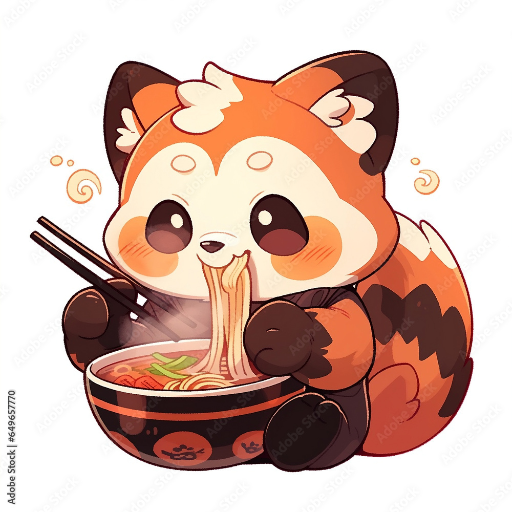 Funny illustration of cute anime style cartoon red panda eating ramen ...