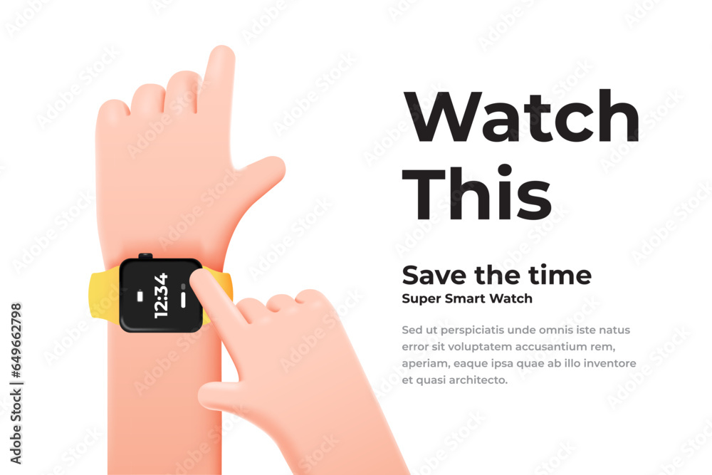 3d illustration. Cartoon hand with smart watch on white background ...