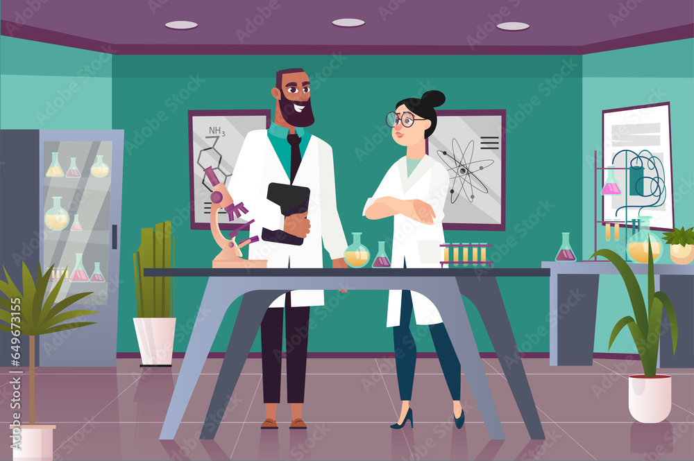 Science laboratory concept with people scene in the background cartoon ...