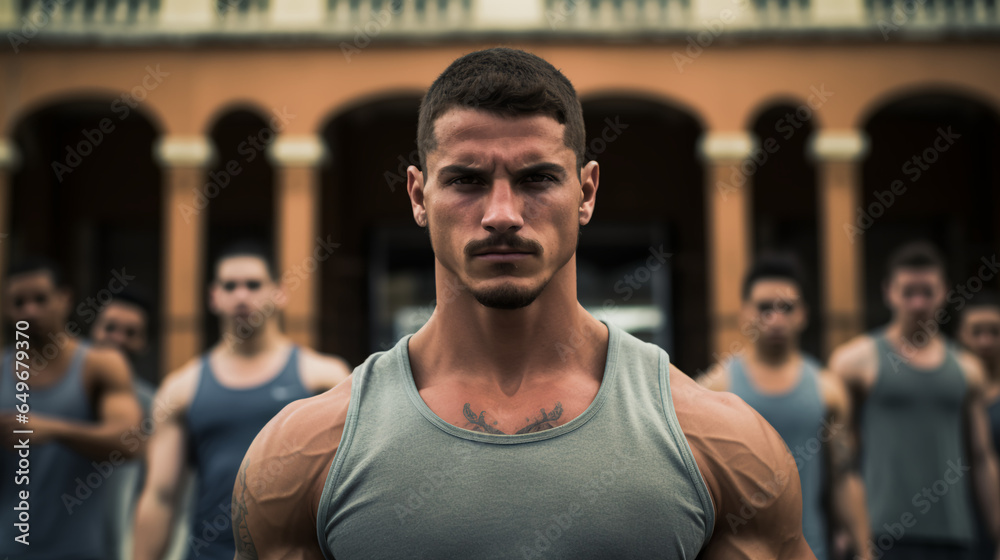 a group of Spanish street workout enthusiasts gather in a city square ...