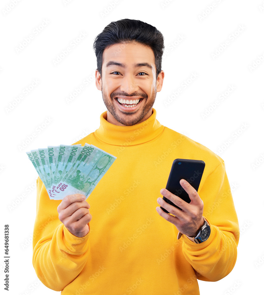 Man with cash fan, smartphone and bank app with prize, winning and ...