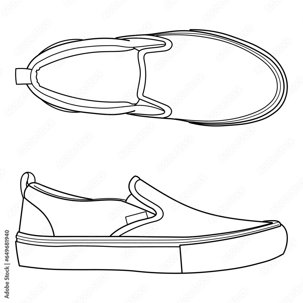 hand drawn sneakers, moccasin, slipon, gym shoes, side and sole view ...