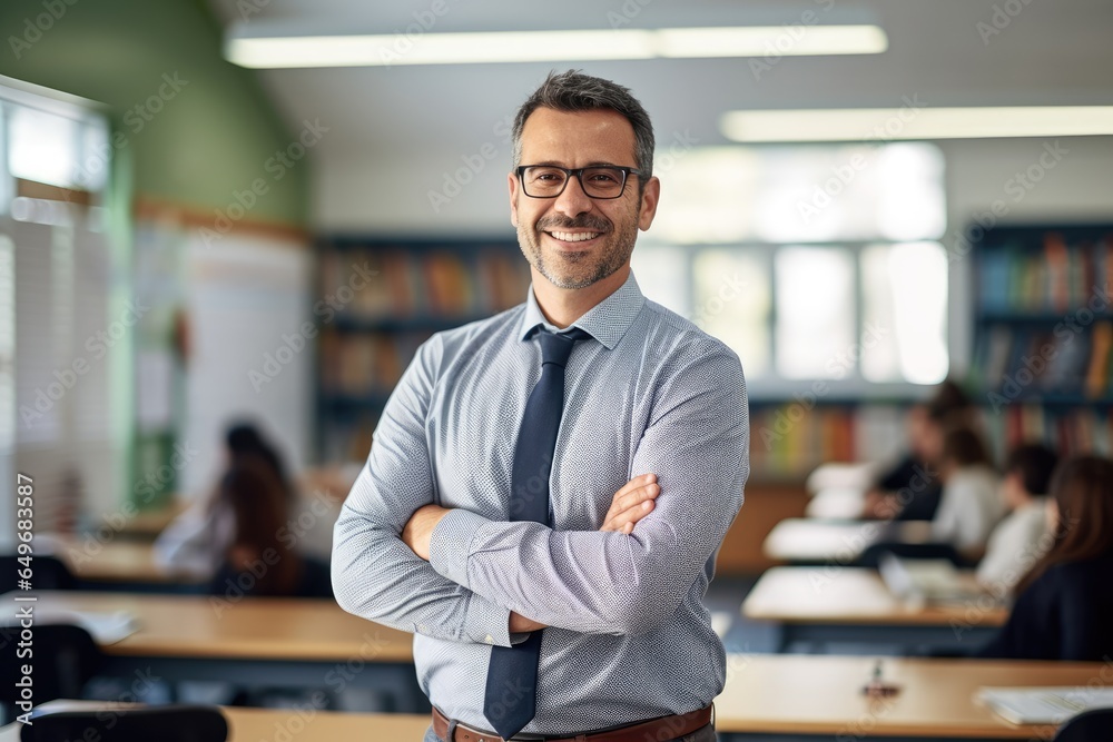 handsome teacher standing in school classroom with blurred background ...