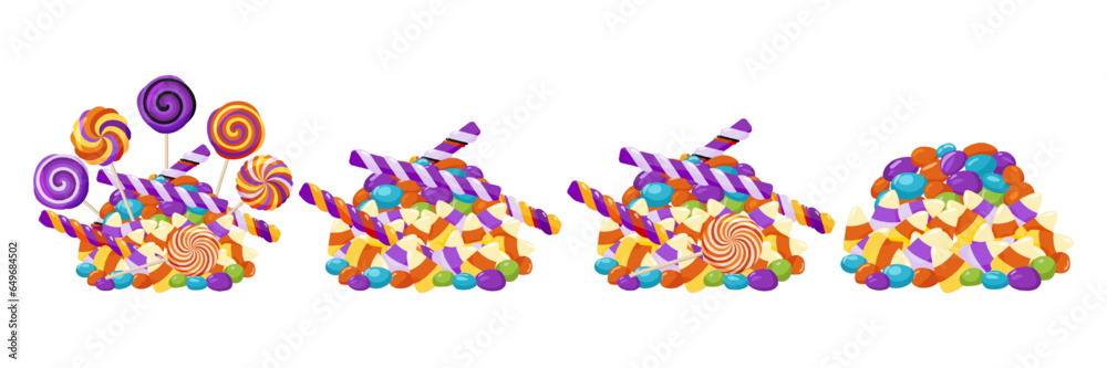Four piles of colorful different types of candies on a white background ...