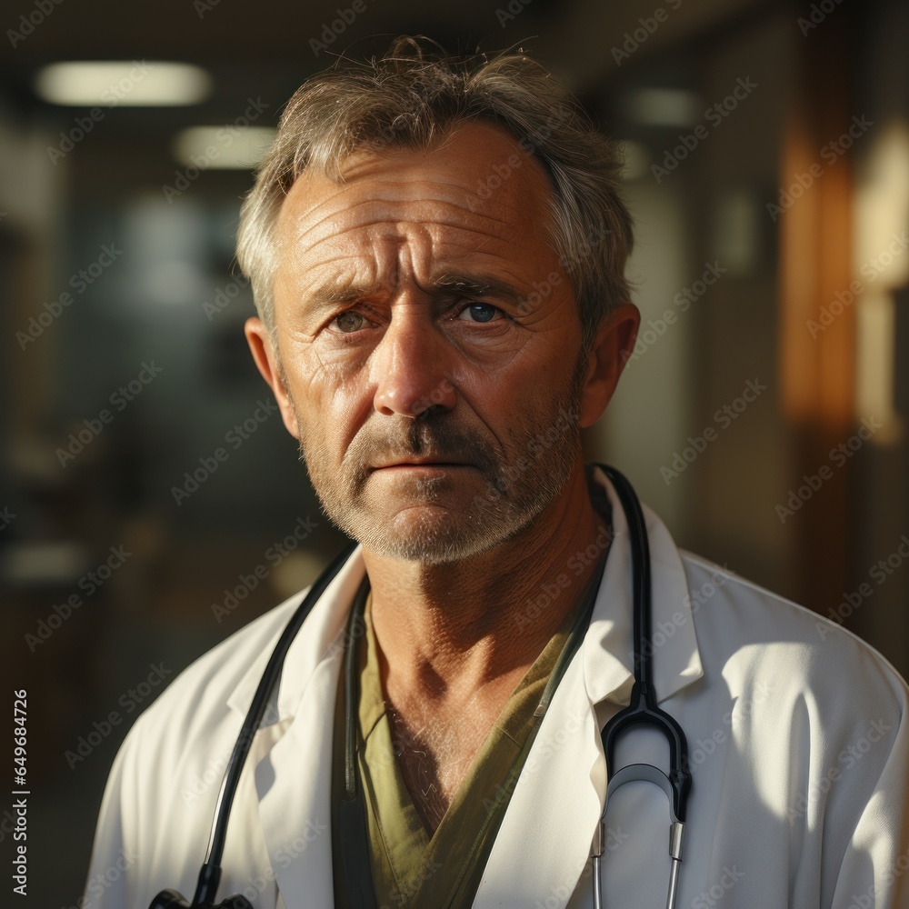 Sun lightened face of a exauste tired elderly doctor medical healthcare ...