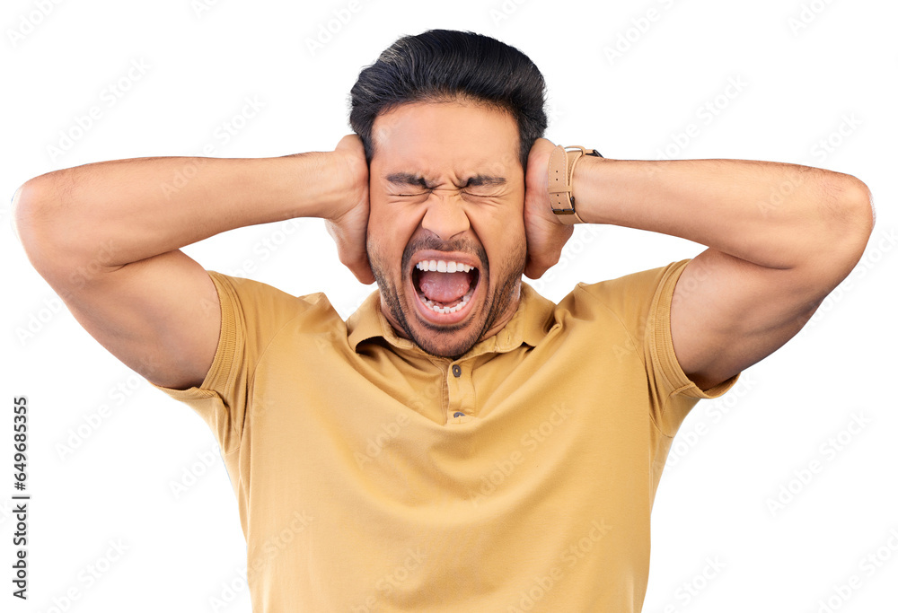 Angry man covering his ears for screaming with upset or mad face ...