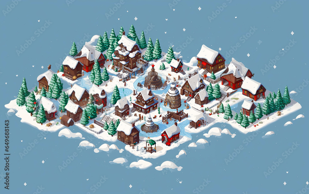 Cute village illustration during Christmas made in Pixel Art style over ...