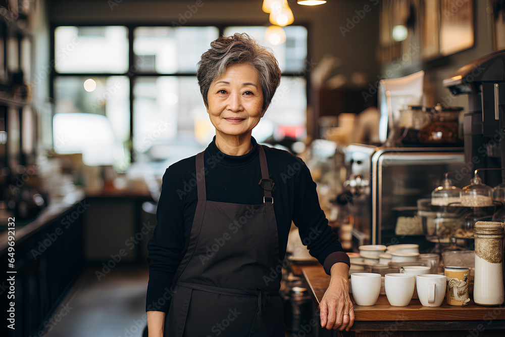 Senior Asian woman barista smiling in cafe coffee shop business concept ...