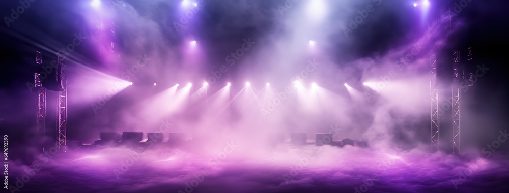 Illuminated stage with stage lights and smoke. Violet vector spotlight ...