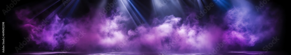 Illuminated stage with stage lights and smoke. Violet vector spotlight ...
