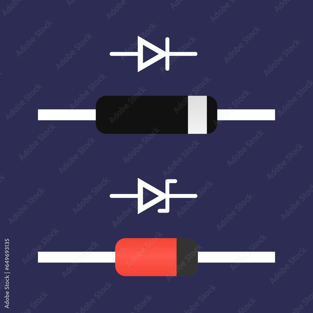 Flat vector icons of diodes and Zener Diodes on a dark background ...