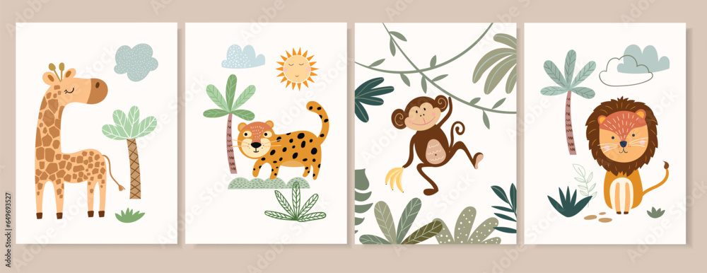 Safari posters, cards design with cute animals, baby kids nursery ...