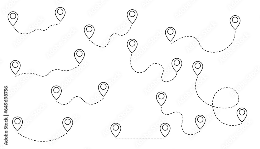 Route location icon set, two pin sign and dotted line road, start and ...