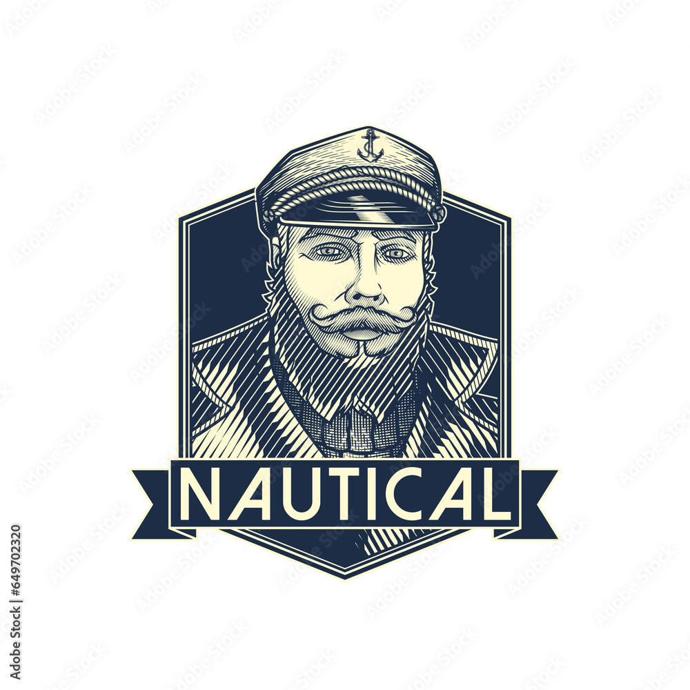 "Nautical". Sailor portrait logo. Vector illustration in engraving ...