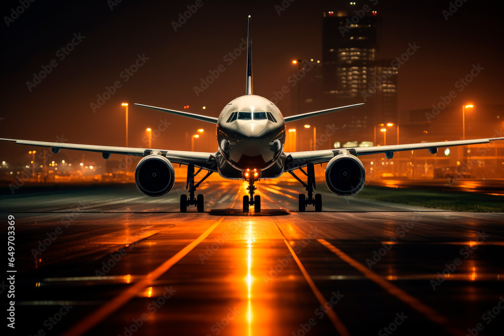 Front view the plane is ready to take off from the runway with a night ...