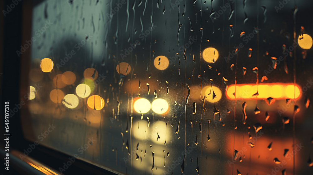 Window view from a bus leaving a rainy city. Blurry traffic lights ...