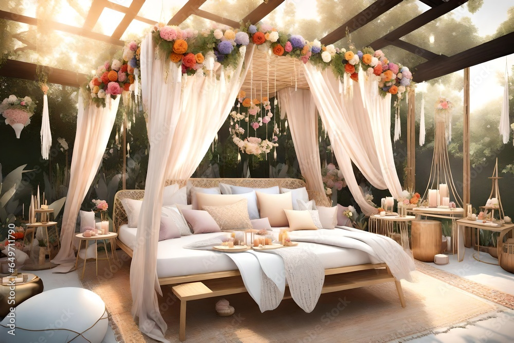 Design a 3D-rendered scene of a gender-neutral garden party in a ...