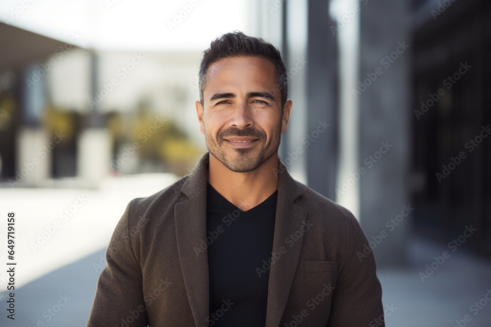 portrait of a confident Mexican man in his 30s wearing a chic cardigan ...