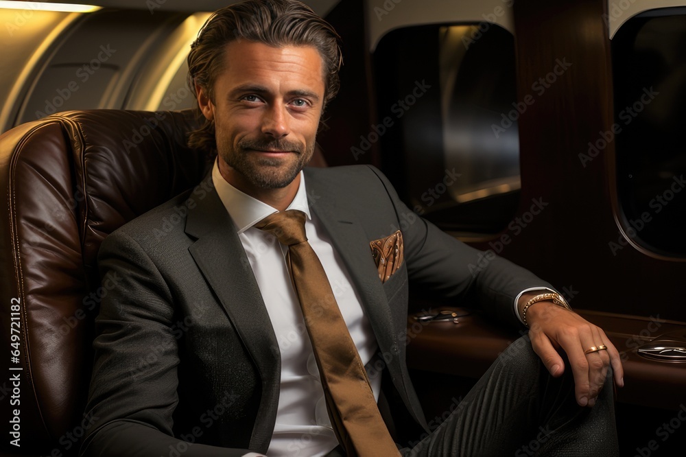 Handsome businessman wearing elegant suit flying on exclusive private ...