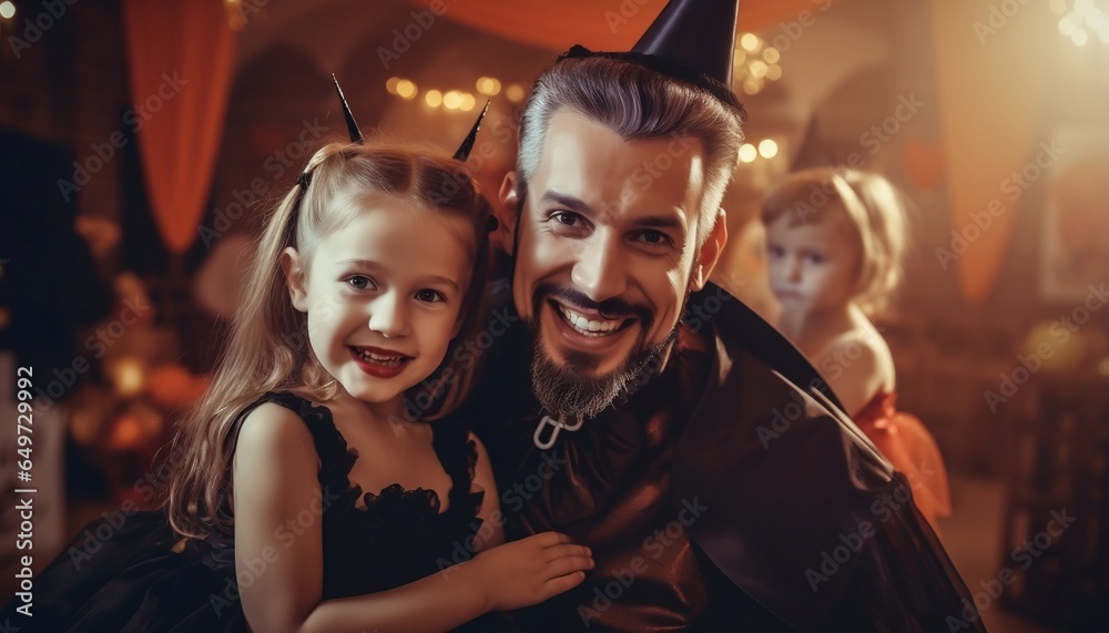 Father in Dracula costume and his daughter as devil on a halloween ...