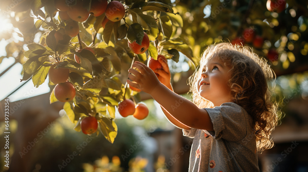 A young child reaching up to pluck a juicy apple from a low-hanging ...
