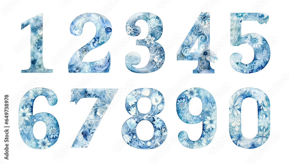 Set of winter watercolor numbers on a transparent or white background ...
