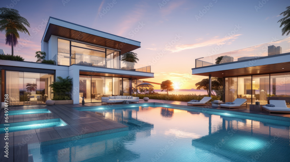 Luxury home with modern pool at sunrise, contemporary villa ...