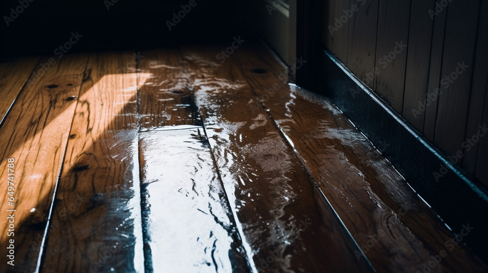 old wooden floor, water spreading, puddle of water in the room in the ...