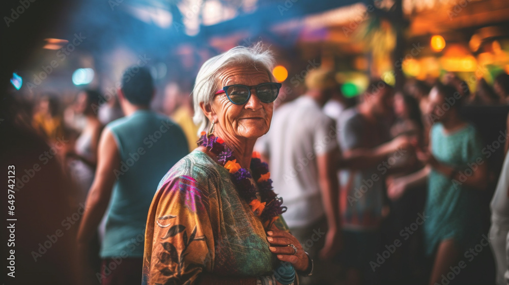 party grandma, elderly woman, in old age, as an older woman in a bar or ...