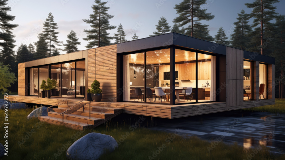 Modular houses with a single floor and expansive windows that offer ...