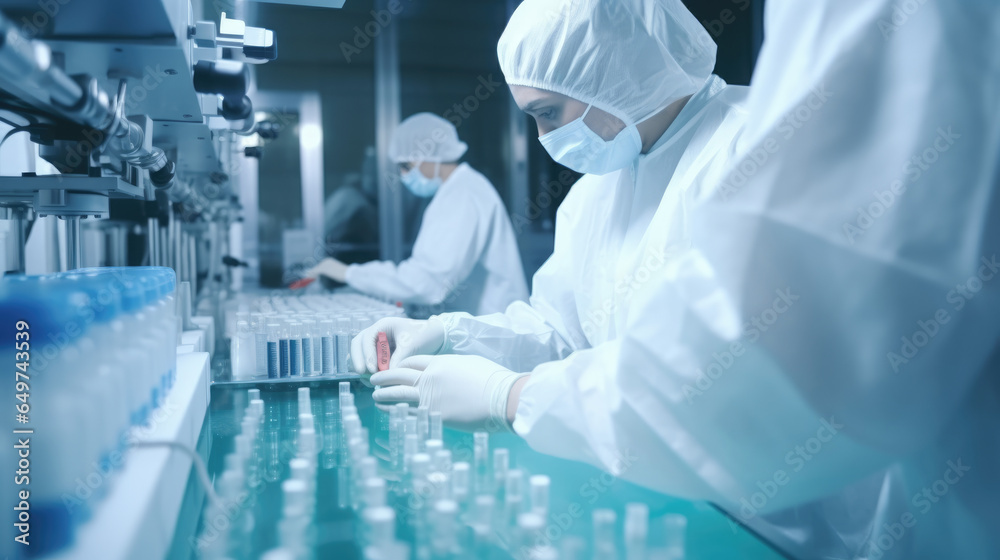 Pharmaceutical workers in clean room filling vials on a production line ...