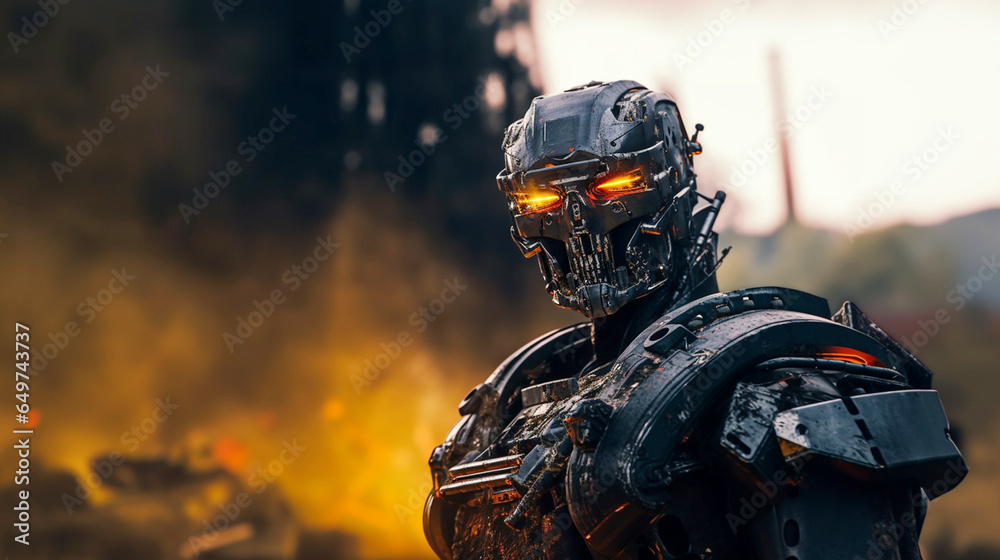 distopic and apocalyptic, scary horror robot with artificial ...