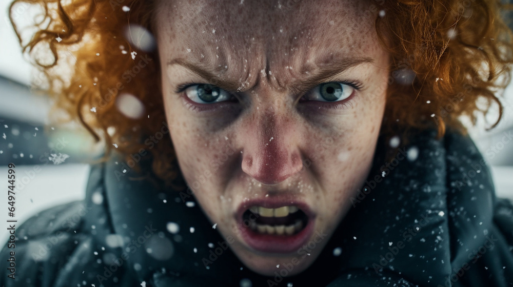 anger and hatred, adult woman with freckles and red hair, light white ...