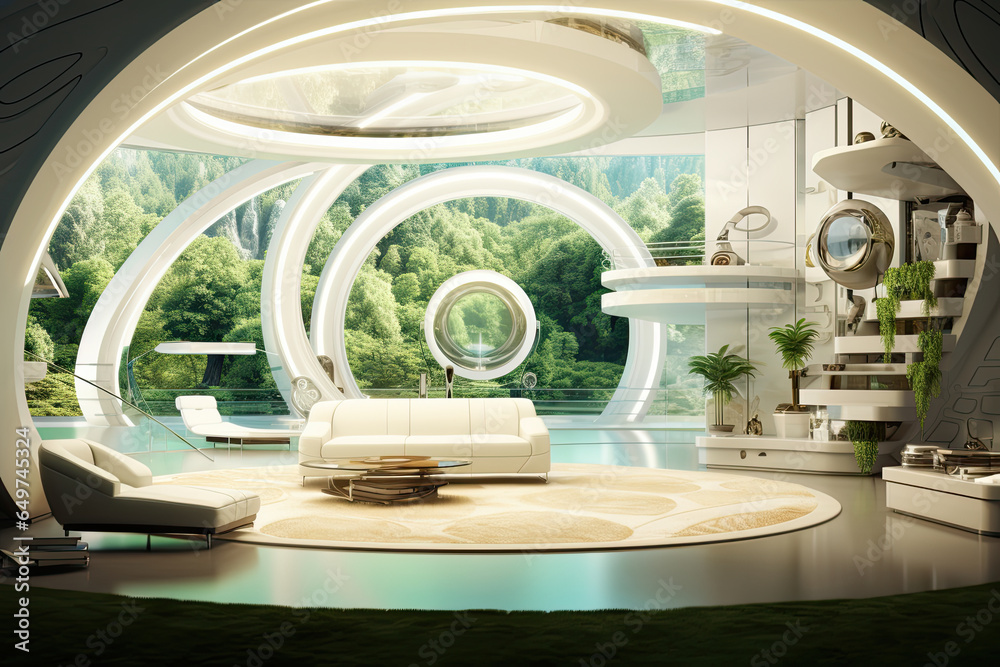 The interior of a modern, smart home in a sustainable environment ...