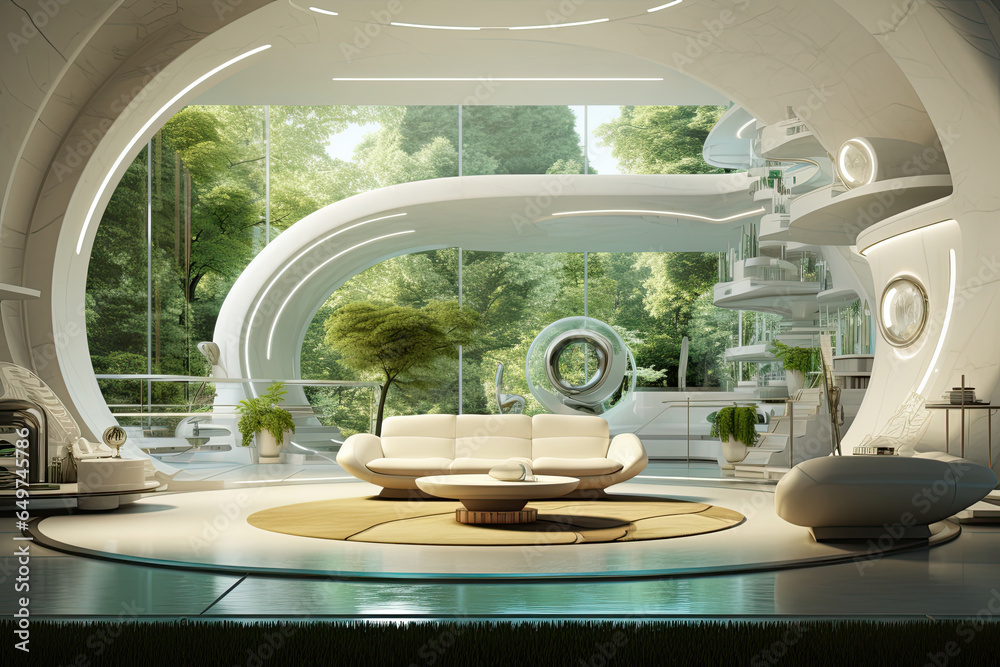 The interior of a modern, smart home in a sustainable environment ...