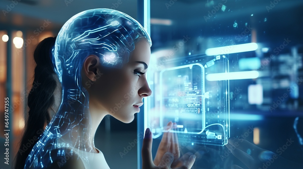 In This Image A Woman Is Using A Neural Interface Device For Computing Highlighting