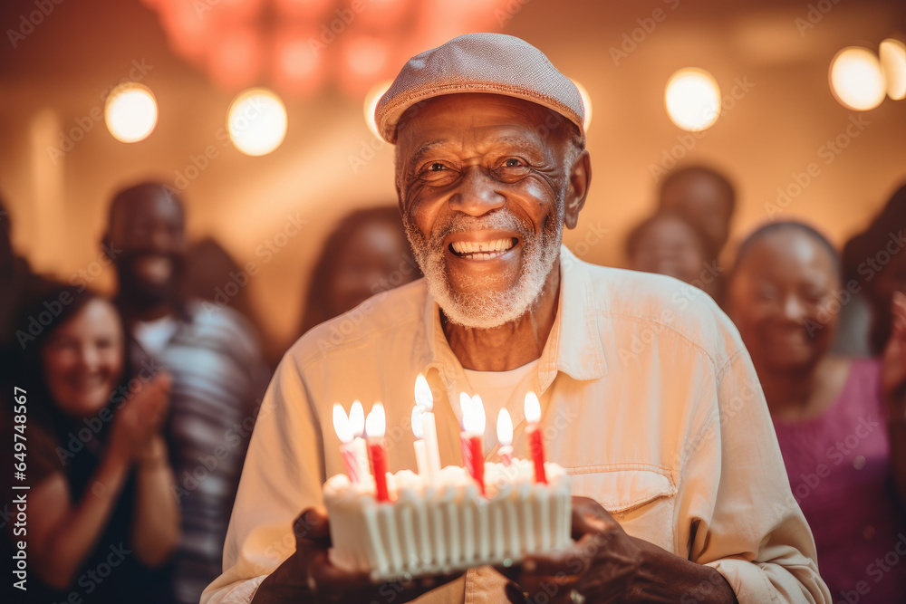 Afro-American elderly man holding a birthday cake with lots of candles ...