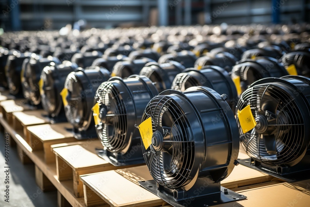 Group of ventilation fans with motors for air circulation in a factory ...