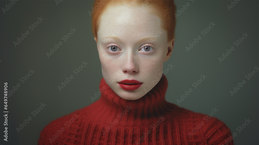 Studio portrait of a fashion model with red hair pulled back. Very pale ...
