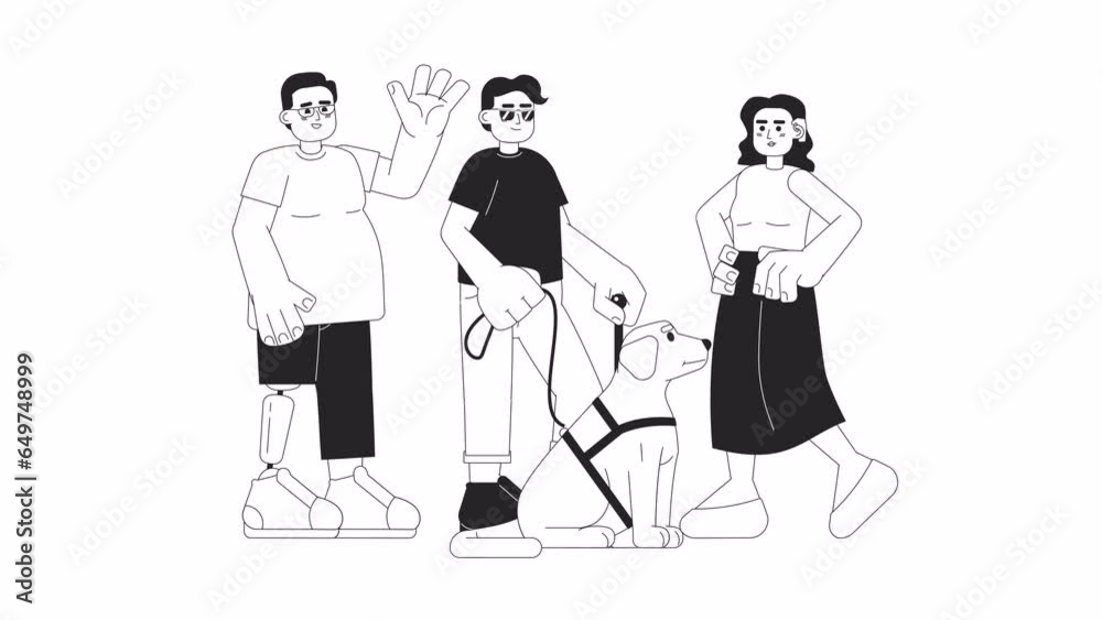 Disabled people bw cartoon animation. Inclusive 4K video motion graphic ...