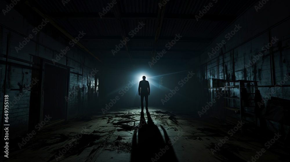 Creepy silhouette in the dark abandoned building. Horror about maniac ...