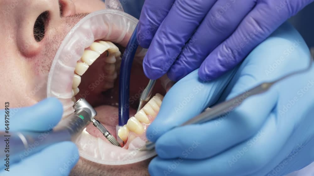 Dental tooth implantation. Dental surgeon inserts the body of the ...