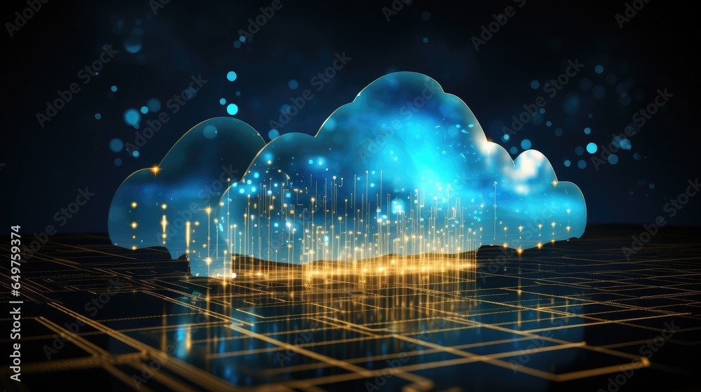 Digital informational technology web futuristic hologram with cloud icon, blue golden light ...