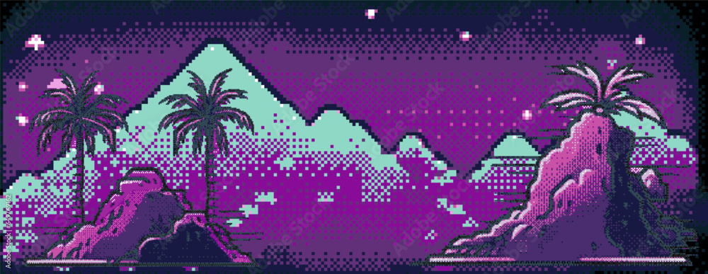 Synthwave retro background with palm trees and sun in pixel art style ...