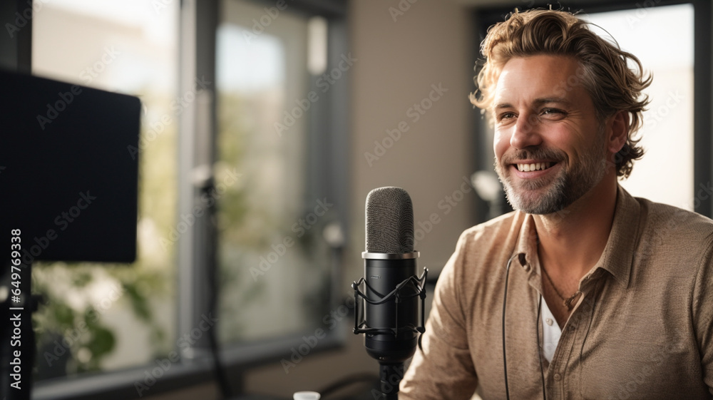 Male influencer or content creator recording a video podcast or YouTube ...