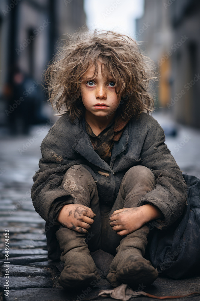 Poor crying starving hungry orphan boy with sad expression on his face ...