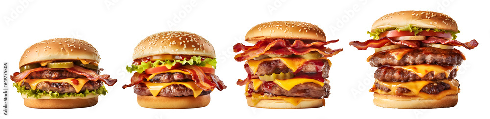 Set of single, double, triple burger with bacon on transparent ...