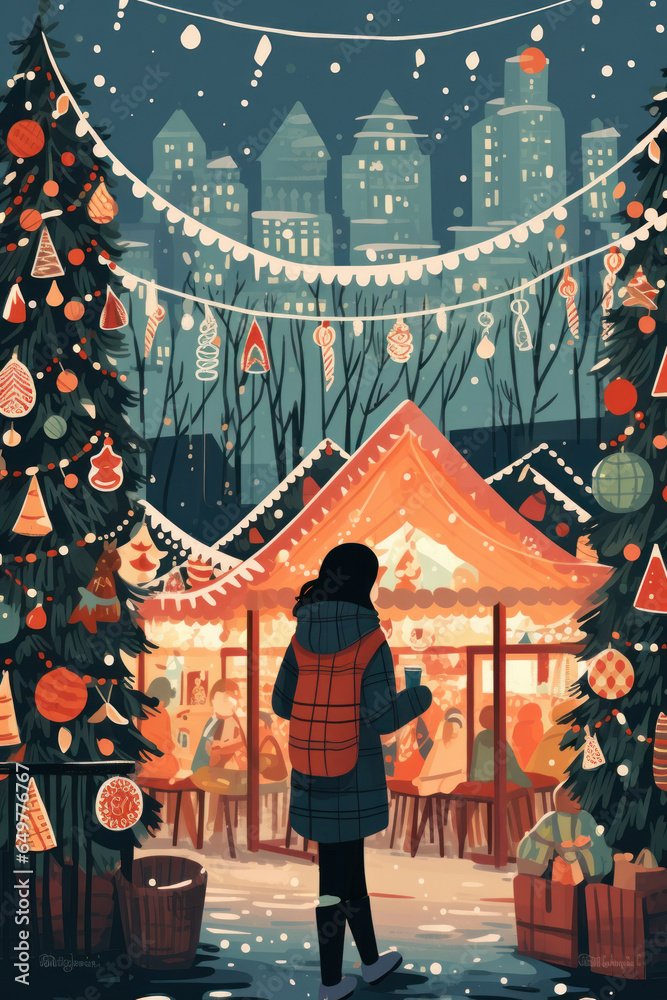 young woman enjoying festive christmas market setting with mulled wine ...