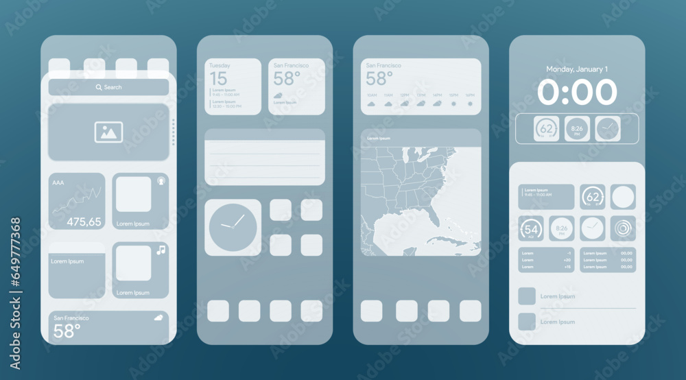 ios widget screen mock-up. Calendar, clock, music, map, note widjets ...