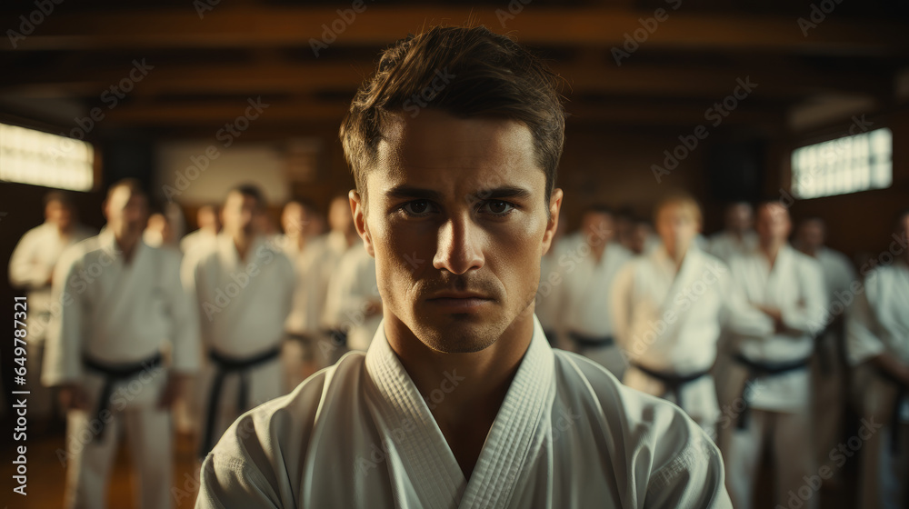 a karate asian martial art training in a dojo hall. young man wearing ...